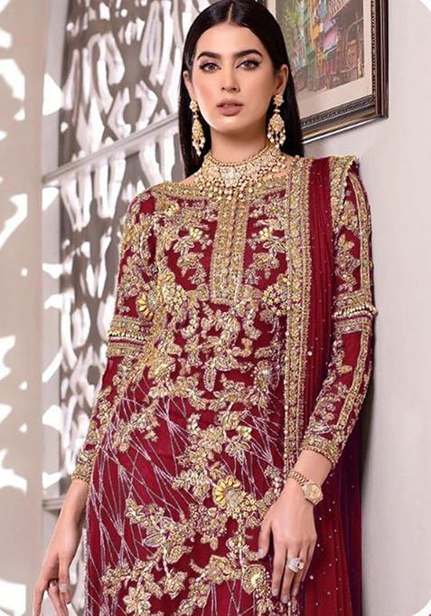 Buy Women Dark Red Embroidered Net Kurta Set - XKU09152 - Salwar Kameez ...