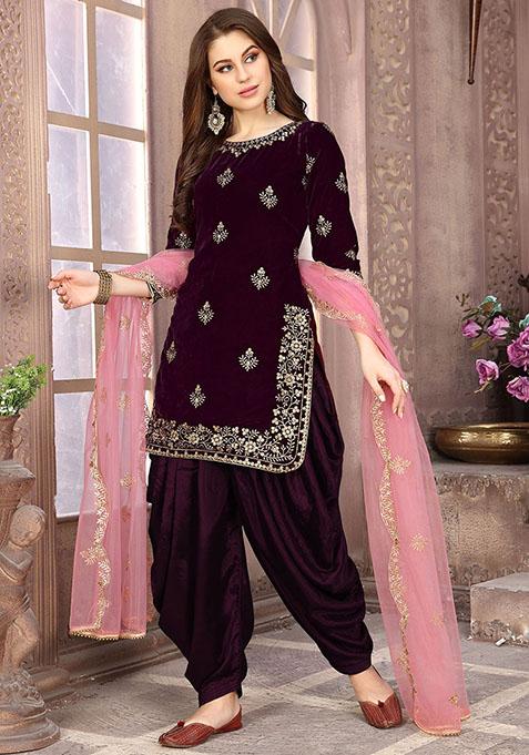 Buy Women Purple Embroidered Net Kurta Set - XKU09229 - Salwar Kameez ...