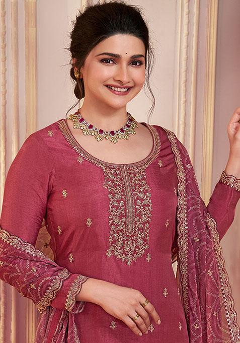Buy Women Burgundy Embroidered Georgette Kurta Set - XKU09318 - Semi ...