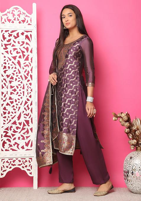 Buy Women Violet Jacquard Silk Jacquard Kurta Set - XKU09526 - Wedding ...