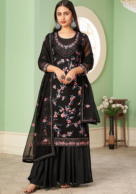 Buy Women Black Embroidered Georgette Kurta Set - XKU09907 - Kurta Sets ...