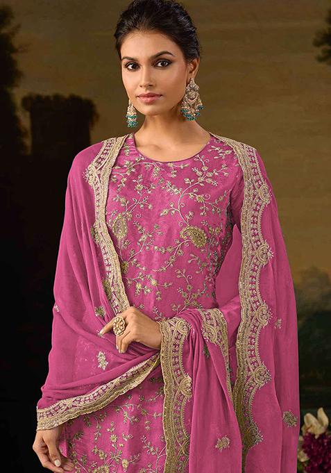 Buy Women Pink Thread Embroidered Silk Sharara Set - XKU09978 - Salwar ...