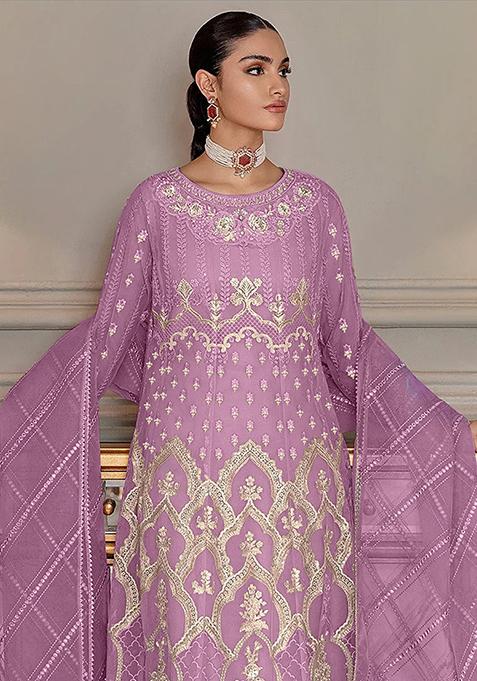 Buy Women Purple Thread Embroidered Net Kurta Set - XKU10147 - Kurta ...