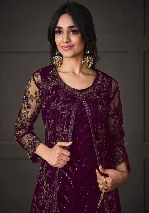 Buy Women Purple Sequin Embroidered Butterfly Net Kurta Set - XKU10283 ...