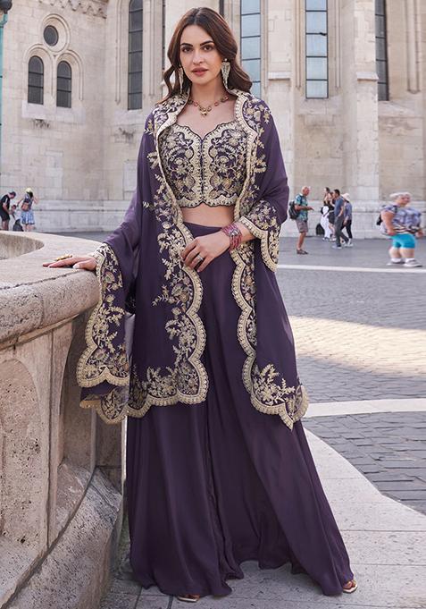 Buy Women Purple Sequin Embroidered Silk Sharara Set - XKU10896 - Semi ...