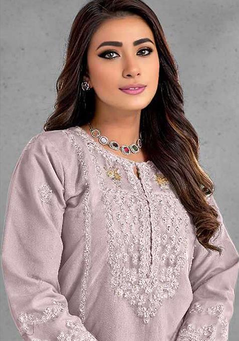 Buy Women Light Mauve Embroidered Organza Kurta Set - XKU11787 - Kurta Sets - Indya
