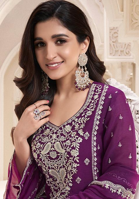 Buy Women Wine Embroidered Chiffon Salwar Kameez - XKU12273 - Fits for ...