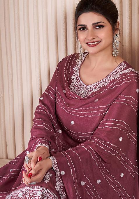 Buy Women Maroon Embroidered Silk Sharara Set With Dupatta - XKU14018 ...