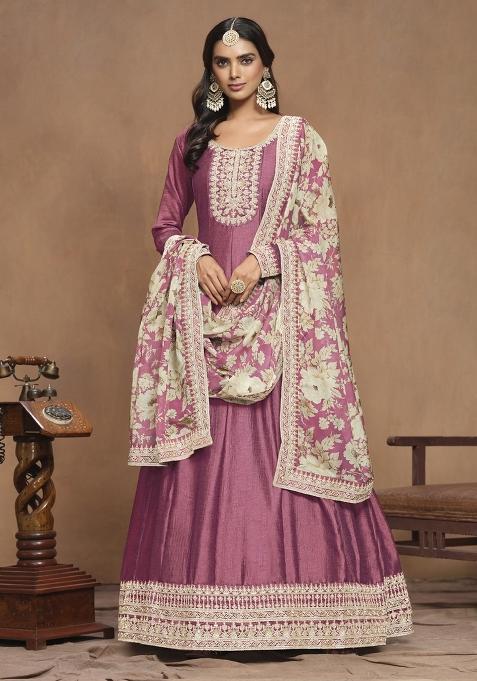 Buy Women Onion Pink Embroidered Art Silk Anarkali Set With Dupatta ...