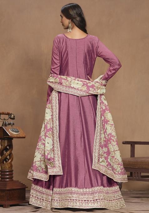 Buy Women Onion Pink Embroidered Art Silk Anarkali Set With Dupatta ...