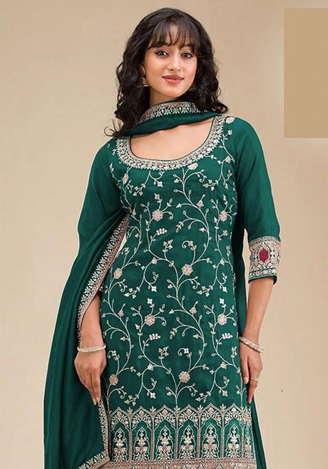 Buy Women Green Embroidery Vichitra Salwar Suit - XKU57887 - Three ...