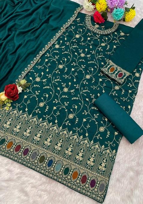 Buy Women Green Embroidery Vichitra Salwar Suit - XKU57887 - Three ...