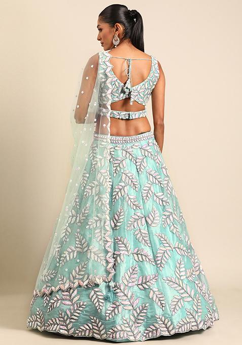 Buy Women Turquoise Sequin Embroidered Pure Georgette Lehenga Set ...