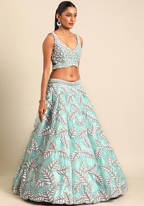 Buy Women Turquoise Sequin Embroidered Pure Georgette Lehenga Set ...
