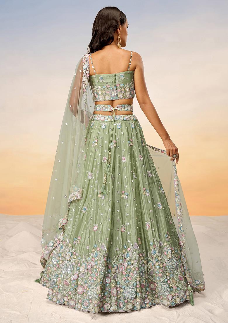 Buy Women Lime Green Sequin Work Lehenga Set - XLH00092 - Traditional ...