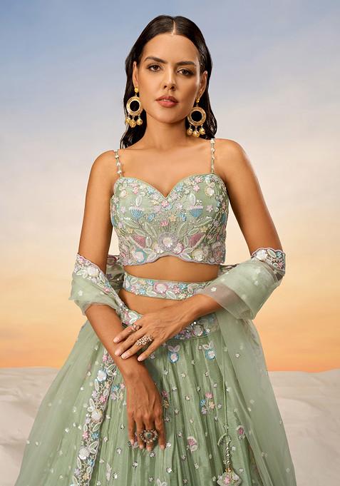 Buy Women Lime Green Sequin Work Lehenga Set - XLH00092 - Traditional ...