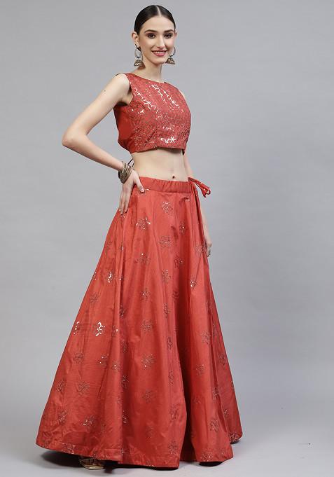 Buy Women Rust Orange Sequin Embroidered Art Silk Lehenga Set ...