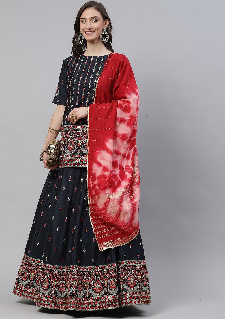 Buy Women Dark Blue Sequin Thread Embroidered Chiffon Lehenga Set ...