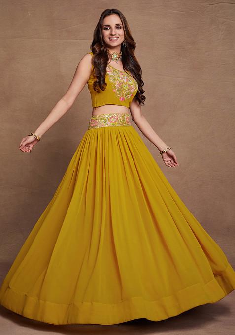 Buy Women Mustard Yellow Gulkanya Sequin Embroidered Lehenga Set ...
