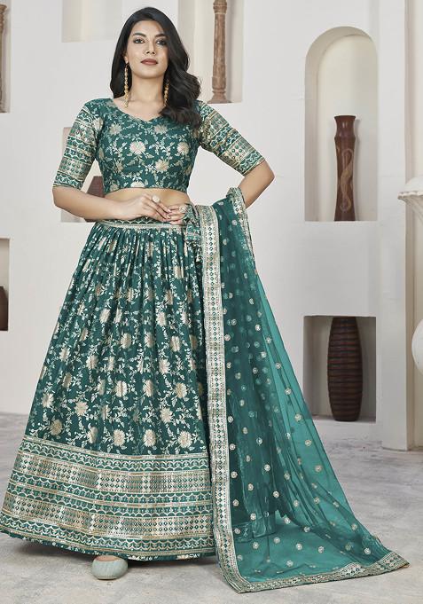 Buy Women Turquoise Jacquard Work Lehenga Set - XLH00268 - Traditional ...