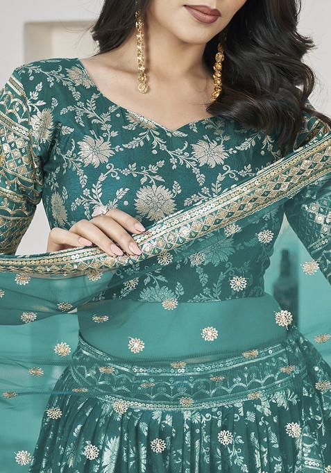 Buy Women Turquoise Jacquard Work Lehenga Set - XLH00268 - Traditional ...