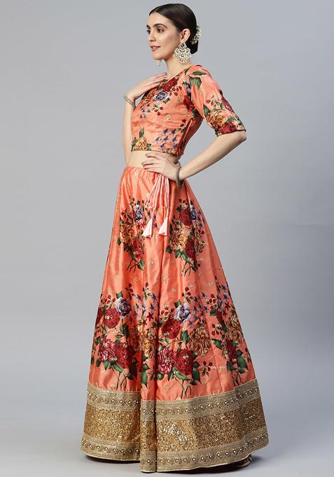 Buy Women Rust Orange Sequin Embroidered Work Art Silk Lehenga Set ...