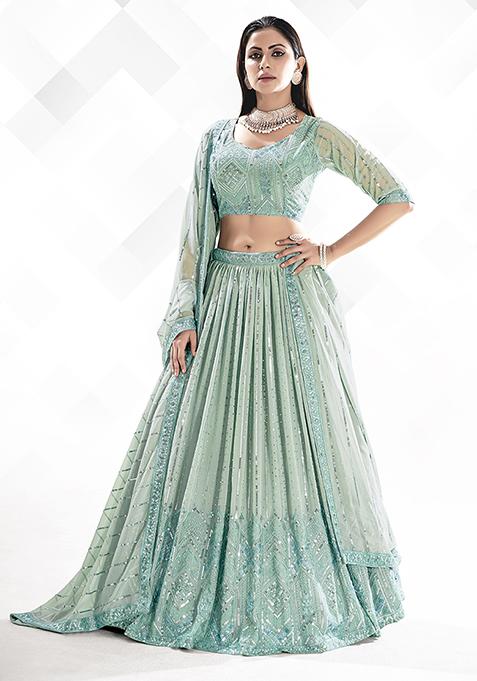 Buy Women Sage Green Sequin Embroidered Georgette Lehenga Set ...
