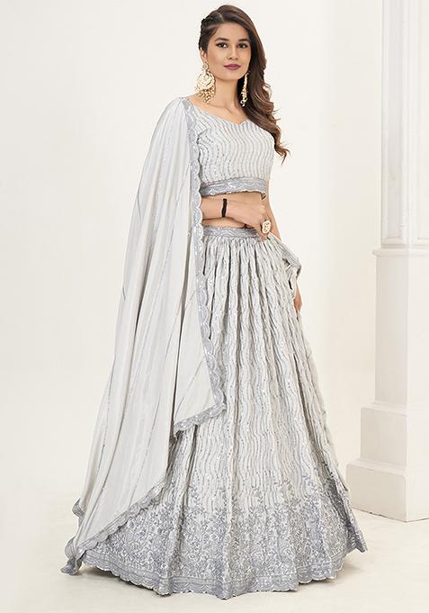 Buy Women Grey Sequin Embroidered Poly Georgette Lehenga Set - XLH00728 ...