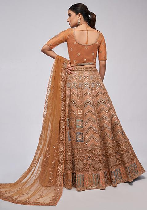 Buy Women Rust Zari Embroidered Soft Net Lehenga Set - XLH00798 ...