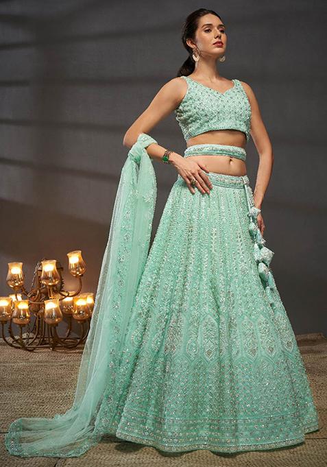 Buy Women Turquoise Blue Cutdana Thread Embroidered Lehenga Set ...