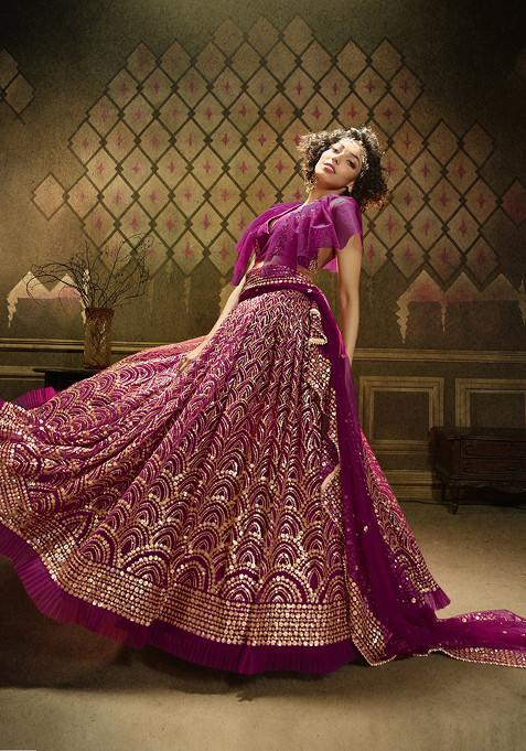 Buy Women Dark Purple Sequin Embroidered Net Lehenga Set - XLH00855 ...