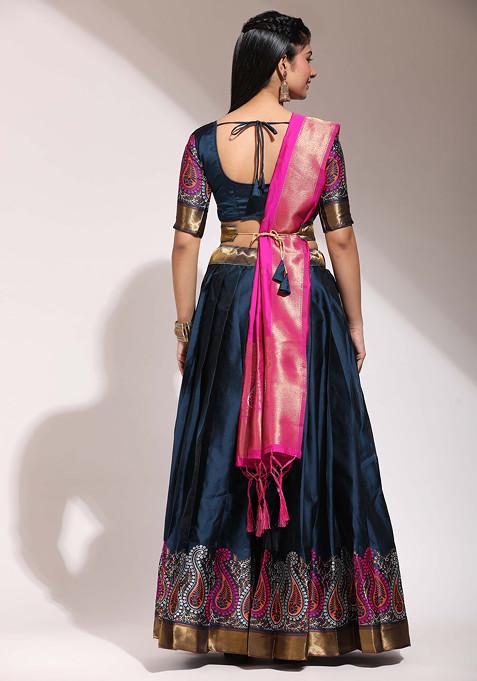 Buy Women Morpich Blue Woven Design Zari Embroidered Litchi Silk ...