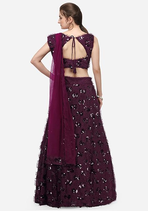 Buy Women Dark Purple Sequin Embroidered Silk Lehenga Set - XLH01547 ...