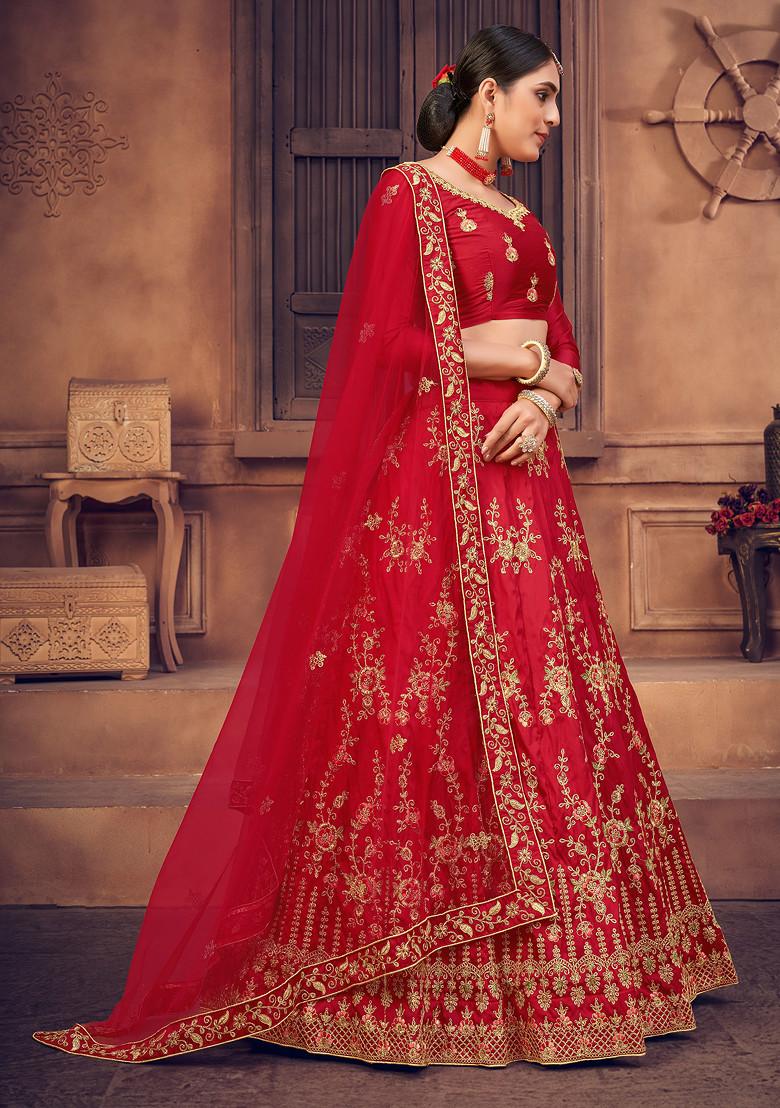 Buy Women Red Embroidered Taffeta Silk Lehenga Set - Lehengas - Indya