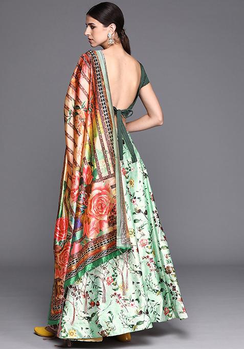 Buy Women Olive Green Digital Print Satin Silk Lehenga Set - XLH01832 ...