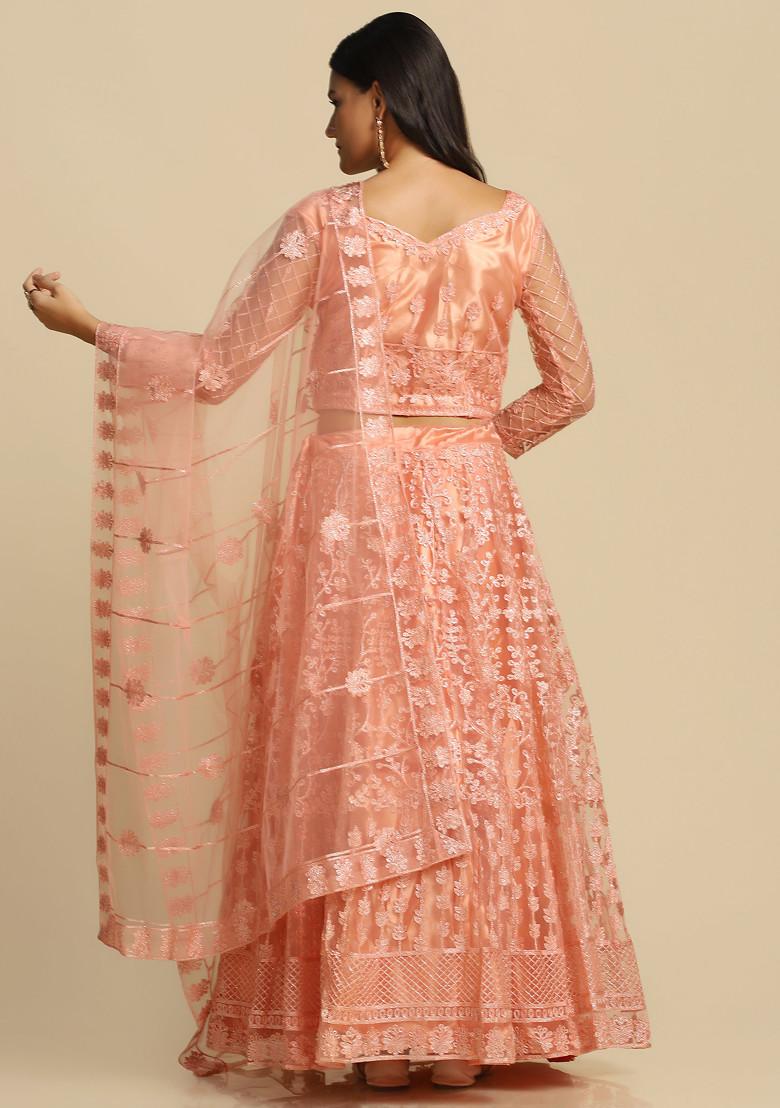 Buy Women Peach Sequin Embroidered Net Lehenga Set - XLH02125 - Lehenga ...