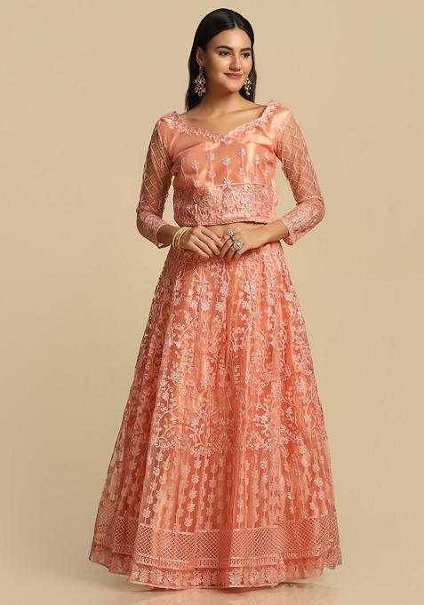 Buy Women Peach Sequin Embroidered Net Lehenga Set - XLH02125 - Fits ...