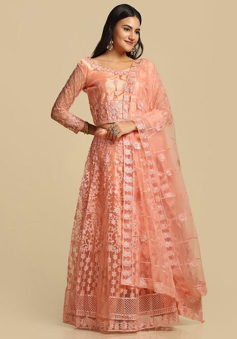 Buy Women Peach Sequin Embroidered Net Lehenga Set - XLH02125 - Fits ...