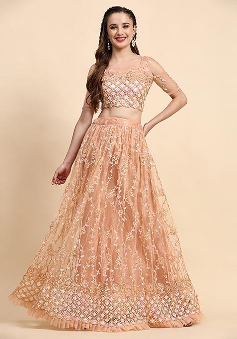 Buy Women Peach Sequin Embroidered Net Lehenga Set - XLH02492 - Light ...