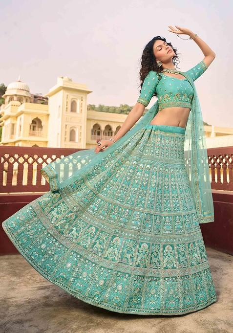 Buy Women Turquoise Heavy Embroidered Organza Lehenga Set - XLH02673 ...