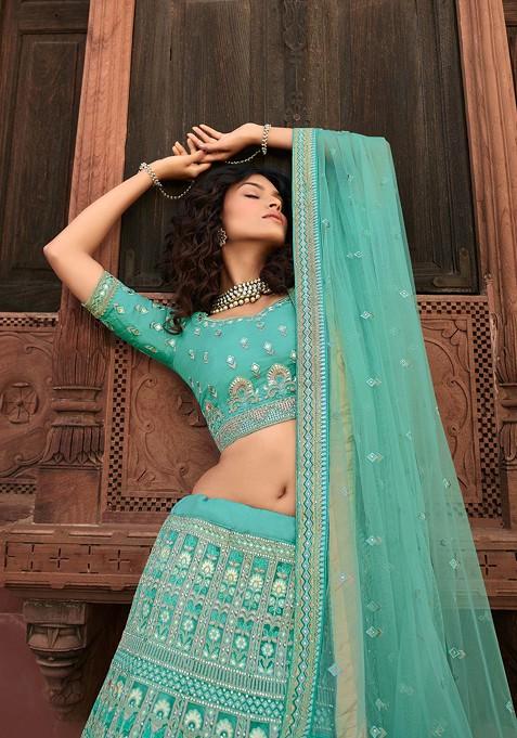 Buy Women Turquoise Heavy Embroidered Organza Lehenga Set - XLH02673 ...