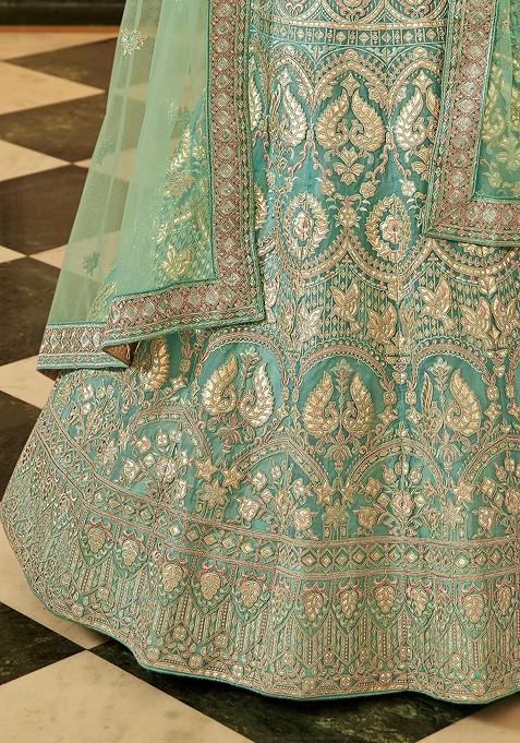 Buy Women Turquoise Blue Heavy Embroidered Organza Lehenga Set ...