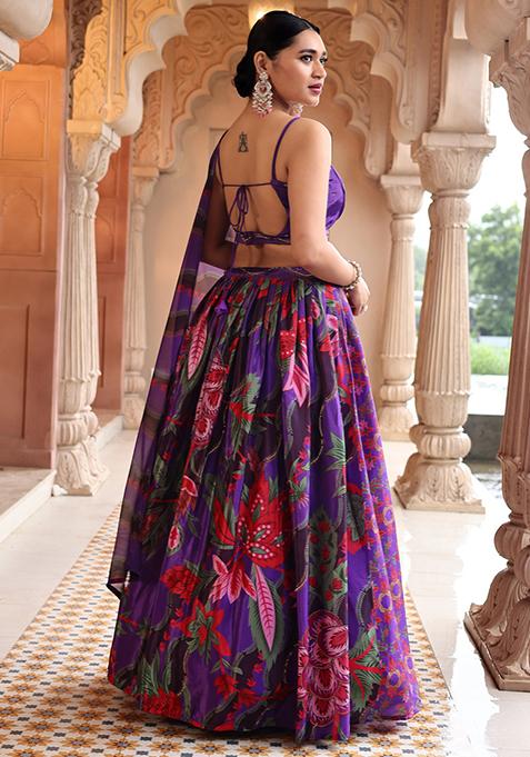 Buy Women Dark Purple Printed Chiffon Lehenga Set - XLH02983 ...