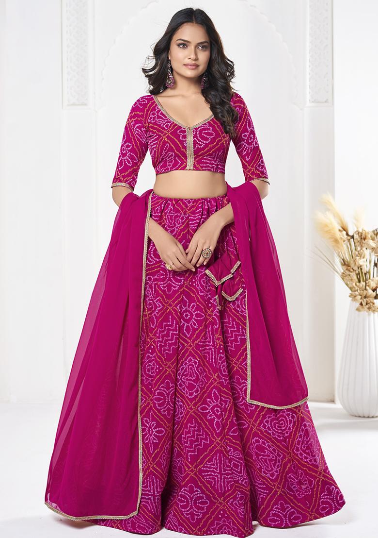 Buy Women Rani Pink Bandhani Print Georgette Lehenga Set - XLH03078 ...
