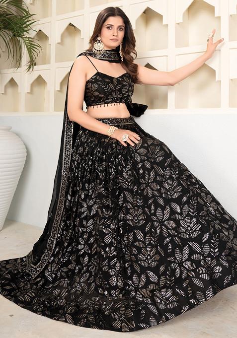 Buy Women Black Sequin Embroidered Faux Blooming Lehenga Set - XLH03180 - Traditional Lehengas ...