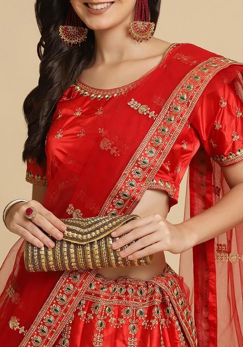 Buy Women Red Embroidered Taffeta Silk Lehenga Set - XLH03304 ...