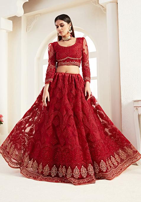 Buy Women Deep Red Thread Embroidered Net Lehenga Set - XLH03647 ...