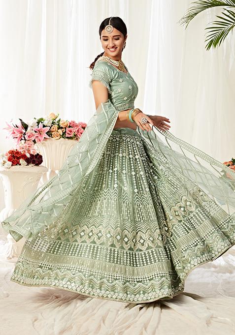 Buy Women Pista Sequin Mirror Embroidered Soft Net Lehenga Set ...