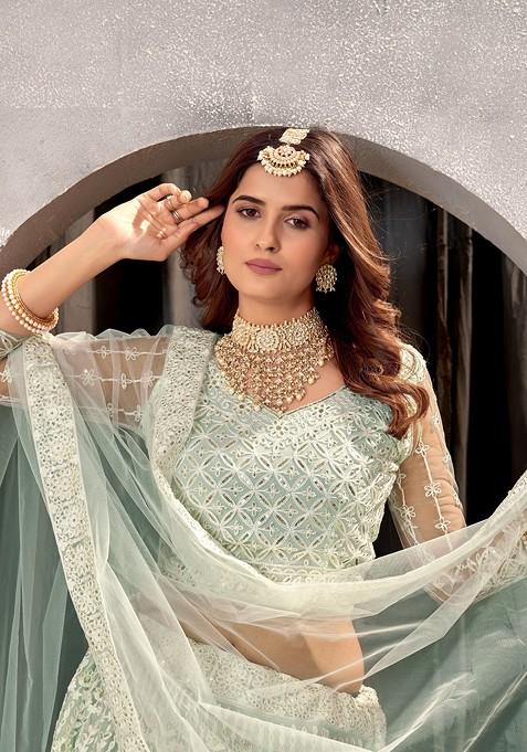 Buy Women Pista Embroidered Net Lehenga Set - XLH04117 - Light Lehengas ...