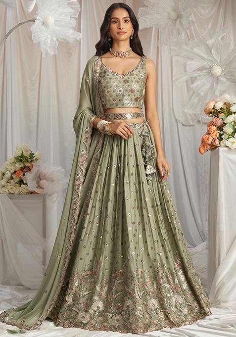 Buy Women Lime Yellow Embroidered Georgette Lehenga Set - XLH04249 ...